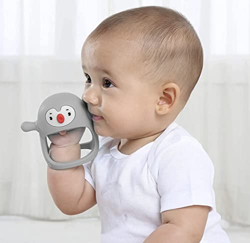 Wearable Soothing Teether, Penguin Buddy Never Drop Silicone Baby Teething Toy, Baby Chew Toys for Sucking Needs, Hand Pacifier for Breast Feeding Babies, Car Seat Toy for New Born (Baby Blue)