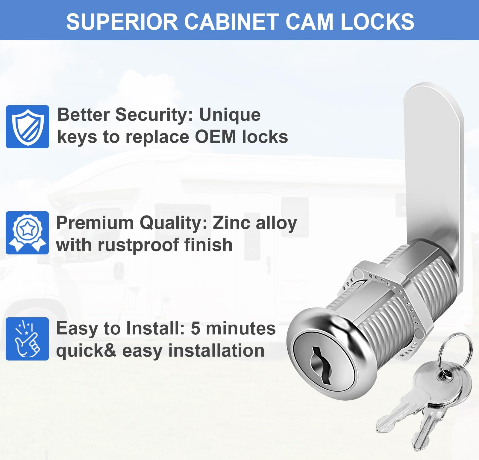 Cylinnda Cabinet Locks with Keys, 1-1/2" Long Cam Locks keyed Alike, Cabinet Cam Lock Set for Cabinets RV Storage Locks Tool Box Lock Thick Drawer, Zinc Alloy (2 Pack, 1-1/2 Inch)
