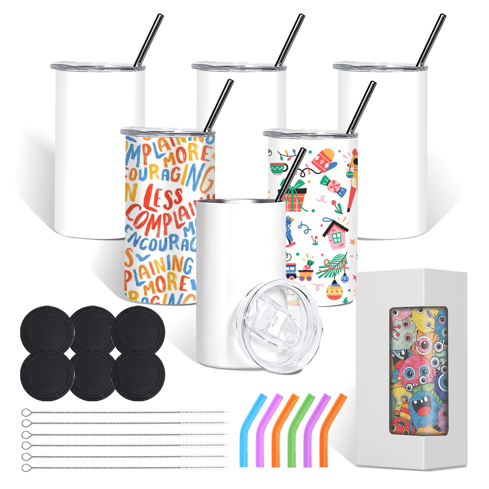 BetterSub 6 Pcs 15 oz Sublimation Tumblers Double Wall Insulated Stainless Steel Sublimation Blanks Tumblers White Sublimation Cups with Lid, Metal Straw, Brush, Display Box for Home, Travel