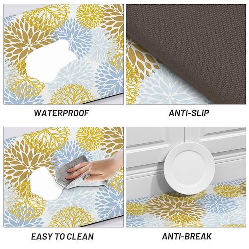 FYATHM Kitchen Mats for Floor Anti Fatigue Mats for Kitchen Floor Floral Kitchen Rugs Cushioned Non Slip Memory Foam Waterproof Mats for Sink Office Bedroom Blue Yellow