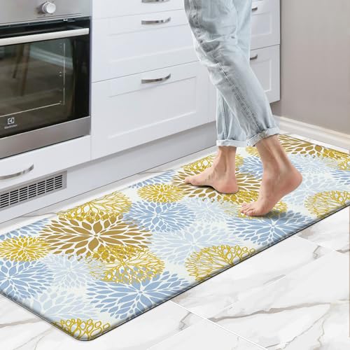 FYATHM Kitchen Mats for Floor Anti Fatigue Mats for Kitchen Floor Floral Kitchen Rugs Cushioned Non Slip Memory Foam Waterproof Mats for Sink Office Bedroom Blue Yellow