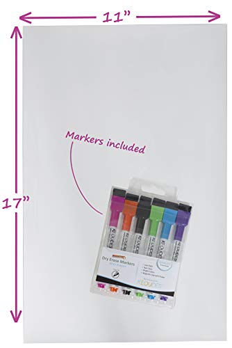 USA Made Magnetic Dry Erase Whiteboard Sheet 17" x 11" with a Set of 6 Markers