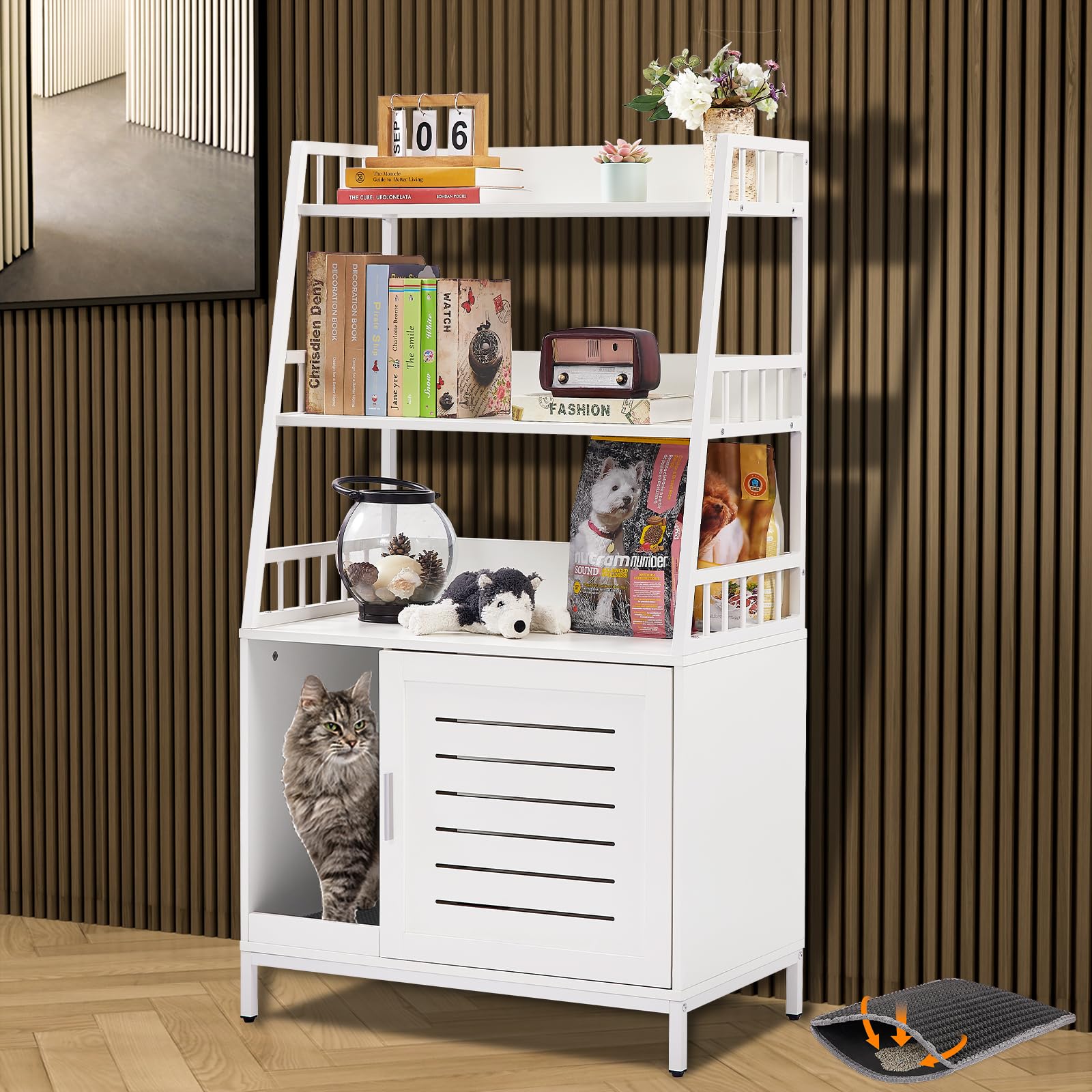 Sokiche Cat Litter Box Enclosure Furniture with Shelf Storage - Hidden Litter Box Enclosure Furniture Large Wooden with Cat Litter Trapping Mat Pad -Cat Washroom-Cat Cabinet-White