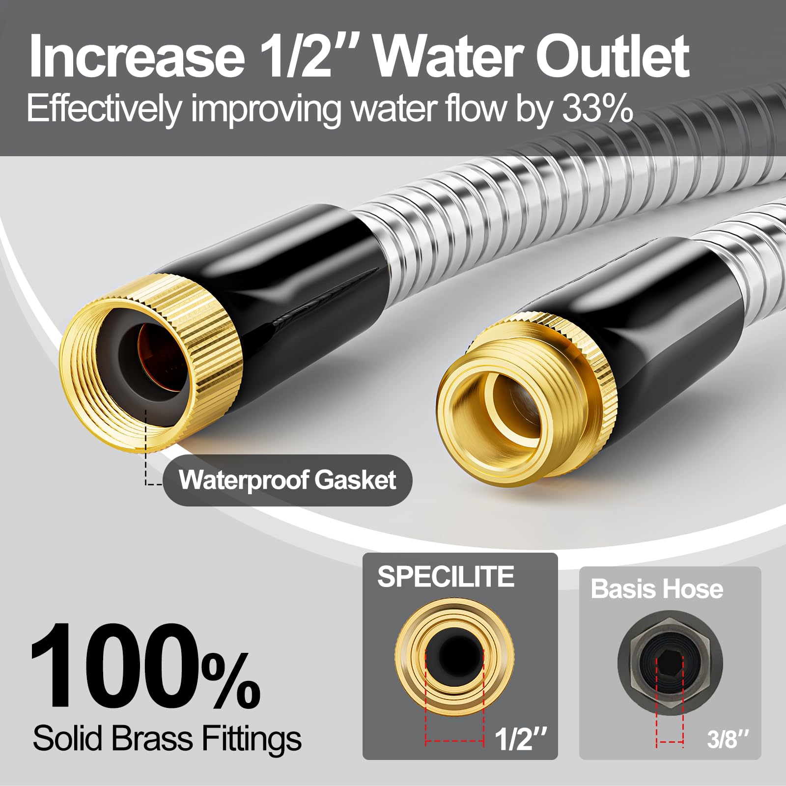 SPECILITE 1/2" 304 Stainless Steel Garden Hose, 100FT Water Pipe with Heavy Duty Metal Nozzle for Yard, Outdoor, Lawn - Flexible, Never Kink & Tangle, Puncture Resistant