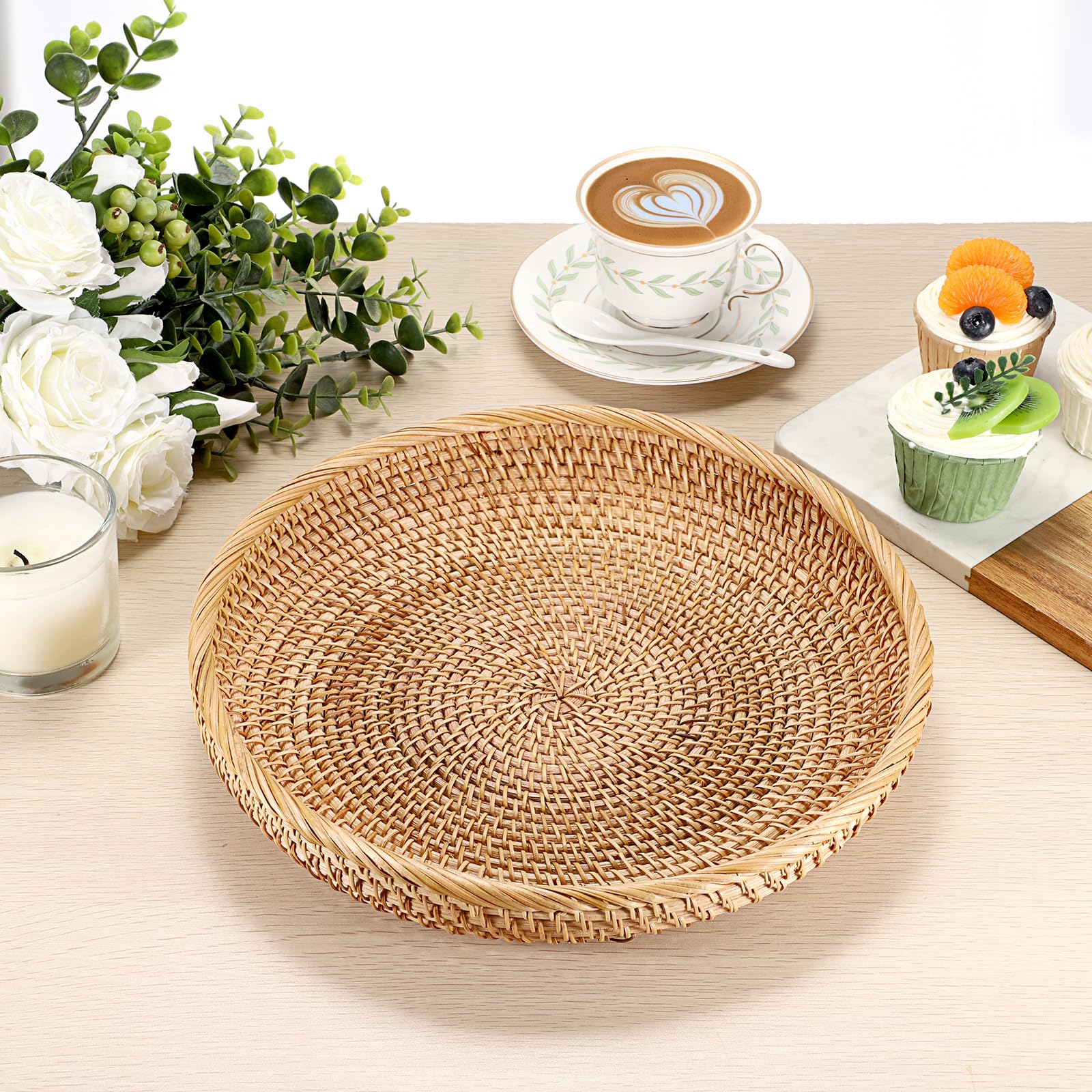 Hipiwe Round Key Basket Bowl for Entryway Table, 11.8" Large Rattan Basket Tray Decorative Ottoman Trays Centerpiece Tray for Coffee Table, Hand-Woven Fruit Basket Wicker Serving Tray