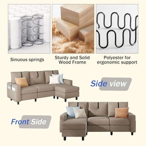 Jarenie 80" Convertible Sectional Sofa, 3-Seat L Shaped Couch with Ottoman, Modern Linen Upholstered Sofa Couches for Living Room, Apartment and Small Spaces, Beige