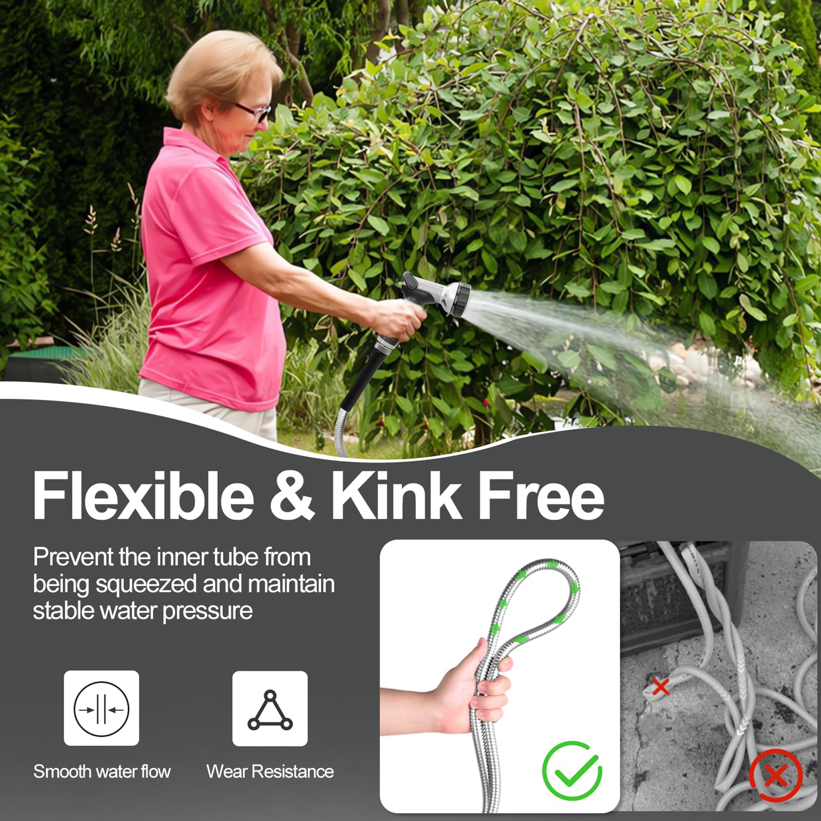 SPECILITE 1/2" 304 Stainless Steel Garden Hose, 100FT Water Pipe with Heavy Duty Metal Nozzle for Yard, Outdoor, Lawn - Flexible, Never Kink & Tangle, Puncture Resistant
