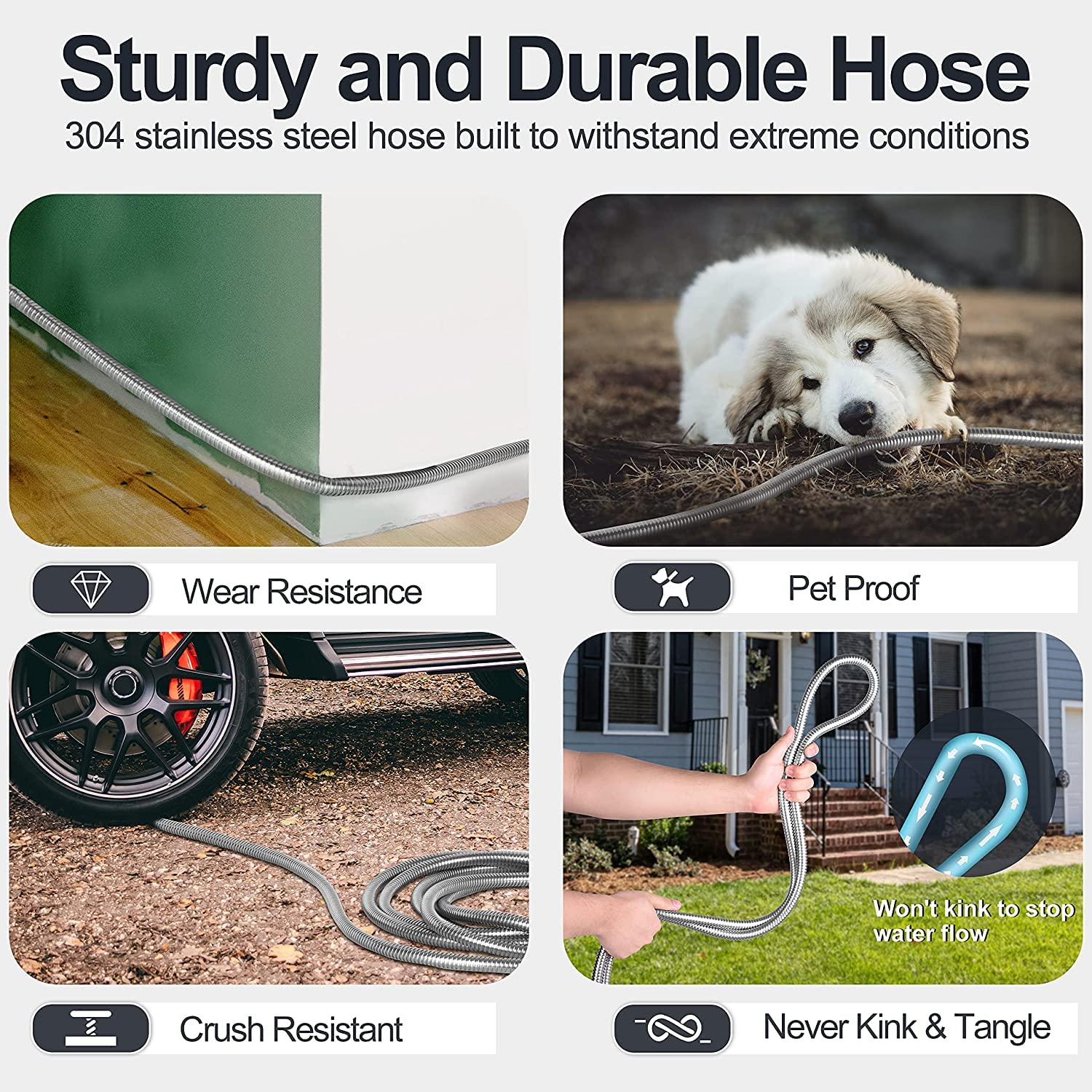 SPECILITE 1/2" 304 Stainless Steel Garden Hose, 100FT Water Pipe with Heavy Duty Metal Nozzle for Yard, Outdoor, Lawn - Flexible, Never Kink & Tangle, Puncture Resistant