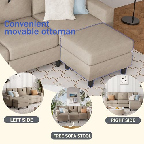 Jarenie 80" Convertible Sectional Sofa, 3-Seat L Shaped Couch with Ottoman, Modern Linen Upholstered Sofa Couches for Living Room, Apartment and Small Spaces, Beige