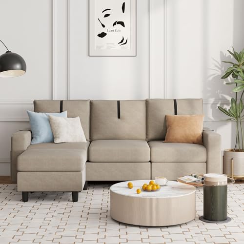 Jarenie 80" Convertible Sectional Sofa, 3-Seat L Shaped Couch with Ottoman, Modern Linen Upholstered Sofa Couches for Living Room, Apartment and Small Spaces, Beige