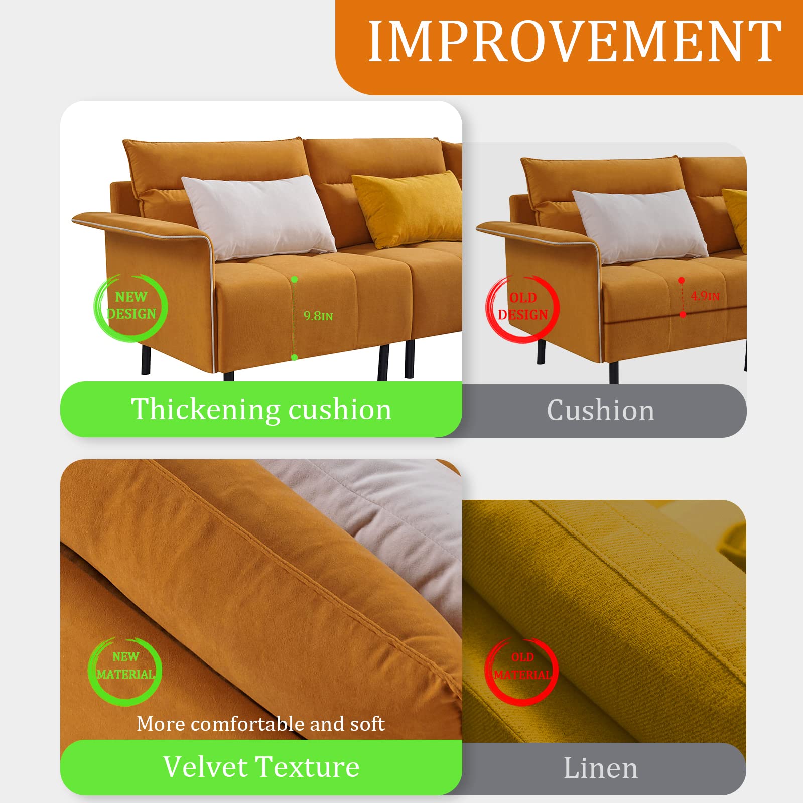72” Velvet Loveseat Sofa, Mid Century Modern Decor Love Seat Couches for Living Room, Solid and Easy to Install Small Couch for Bedroom with Two Pillows (Orange)
