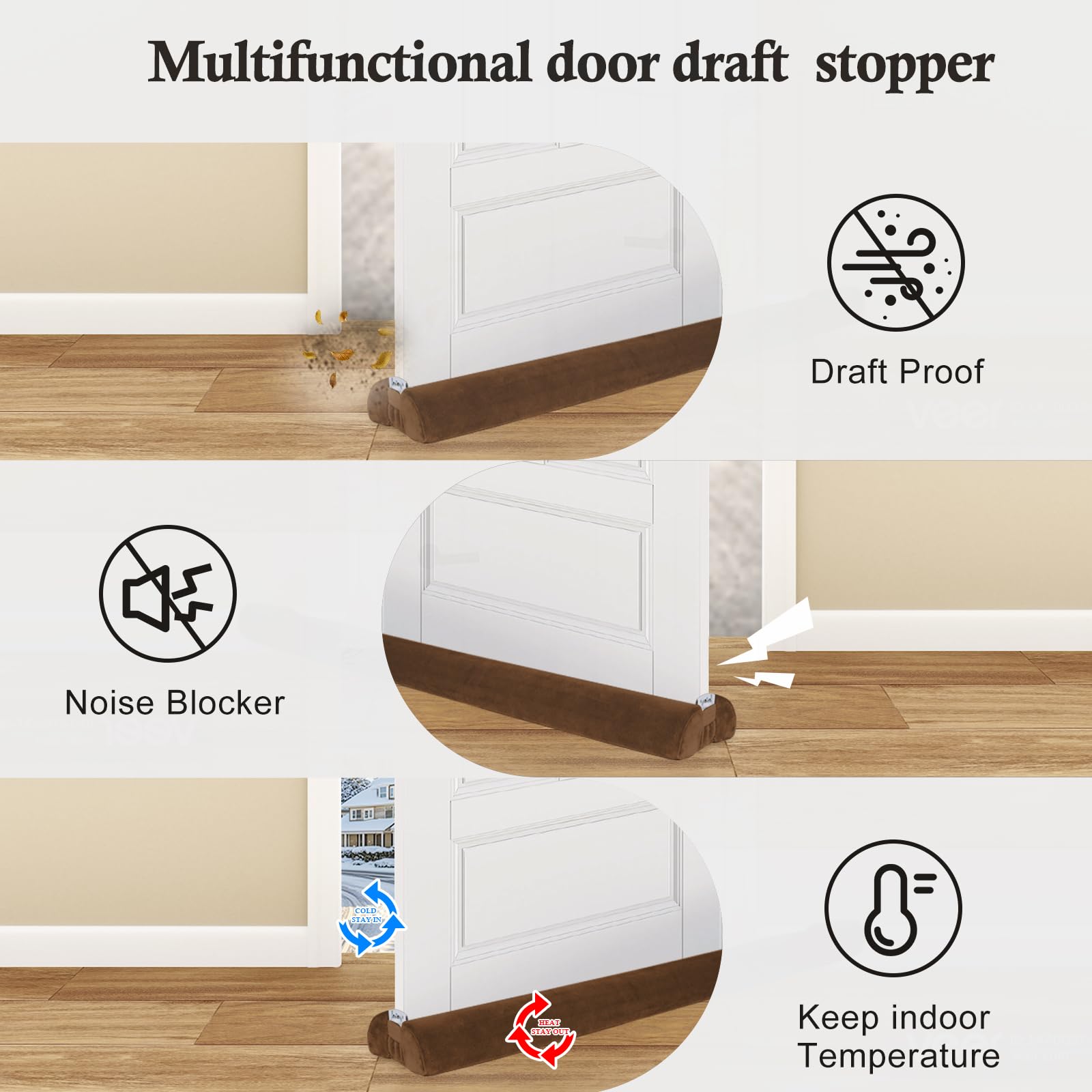 fowong Door Draft Stopper 36 Inch Soundproofing Draft Stoppers Seal for Interior Exterior Doors, Adjustable Window Breeze Blocker, Brown