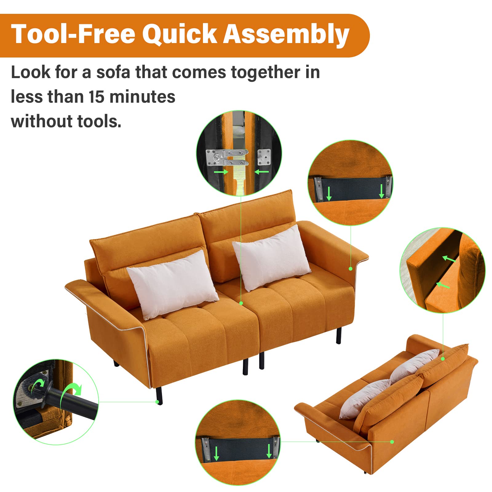 72” Velvet Loveseat Sofa, Mid Century Modern Decor Love Seat Couches for Living Room, Solid and Easy to Install Small Couch for Bedroom with Two Pillows (Orange)