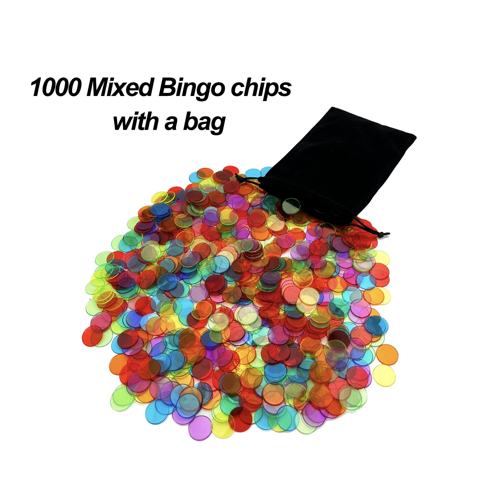JUNWRROW 1000 Pieces 3/4 inch Transparent 6 Color Bingo Counting Chips with Bag - for Large Group Games, Game Night & Educational Activities