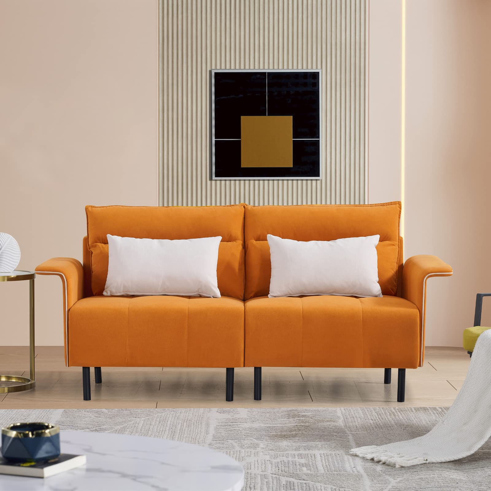72” Velvet Loveseat Sofa, Mid Century Modern Decor Love Seat Couches for Living Room, Solid and Easy to Install Small Couch for Bedroom with Two Pillows (Orange)