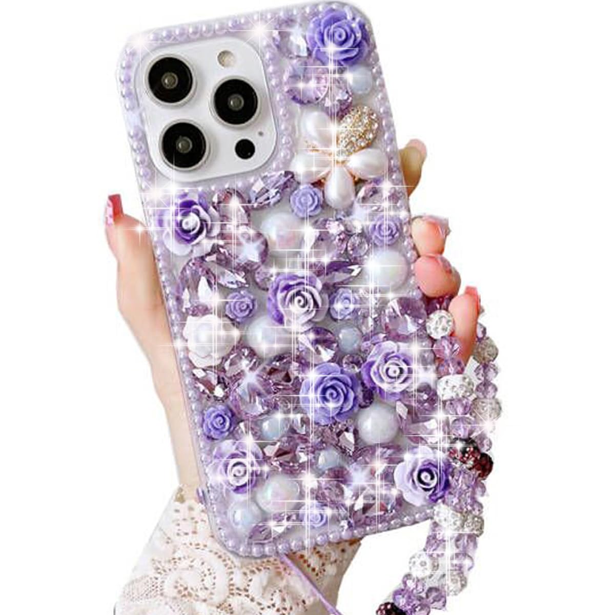Changjia for iPhone 14 Pro Max Glitter Bling Case, Girly Cute Luxury 3D Crystal Rhinestone Flowers Diamond Pearl with Lanyard Wrist Strap Women Girls Case Cover for iPhone 14 Pro Max 6.7 inch (Purple)