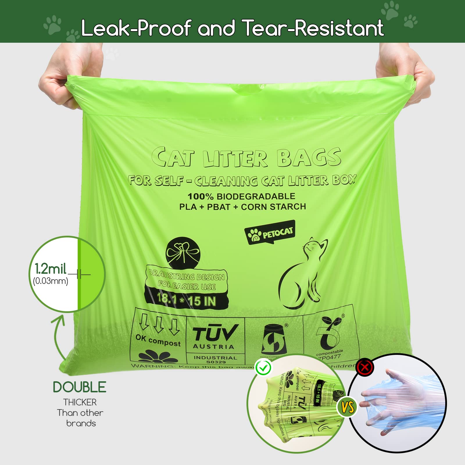 90 Count Biodegradable Cat Litter Bags Compatible with Meo* Self-Cleaning Litter Box, Pet Automatic Waste Drawer Liners, Drawstring Kitty Compostable Poop Replacement Bags (18.1" x 15")