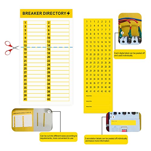 16 Sheets Breaker Panel Labels Electrical Box Sticker Numbers Breaker Panel Labels Electrical Sticker Number Catalog Load Center Adhesive Waterproof Reusable(Yellow)