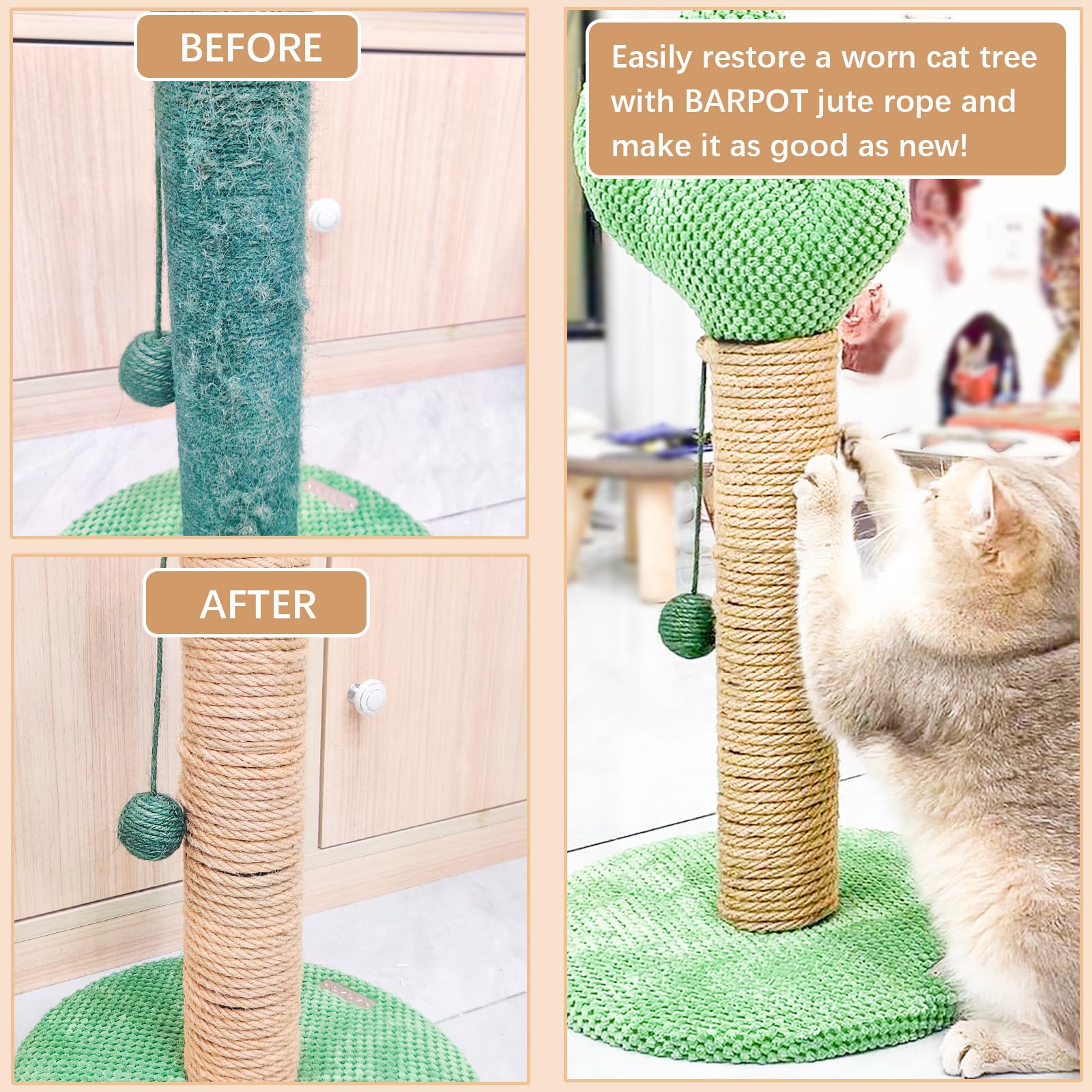 KDAOQN 1/4 Inch Natural Hemp Rope for Cat Scratcher Replacement - 50FT Jute Twine for Scratching Post, Tower Repair and Tree Replacement