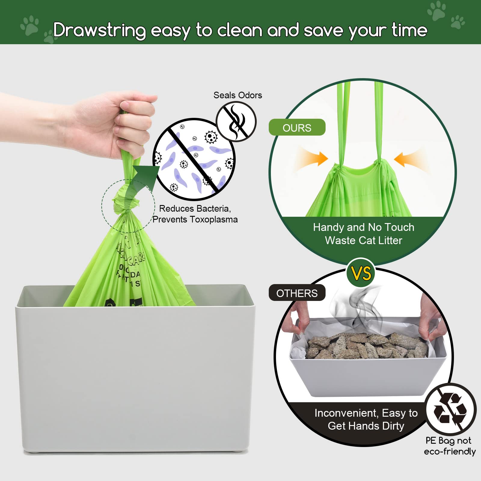 90 Count Biodegradable Cat Litter Bags Compatible with Meo* Self-Cleaning Litter Box, Pet Automatic Waste Drawer Liners, Drawstring Kitty Compostable Poop Replacement Bags (18.1" x 15")