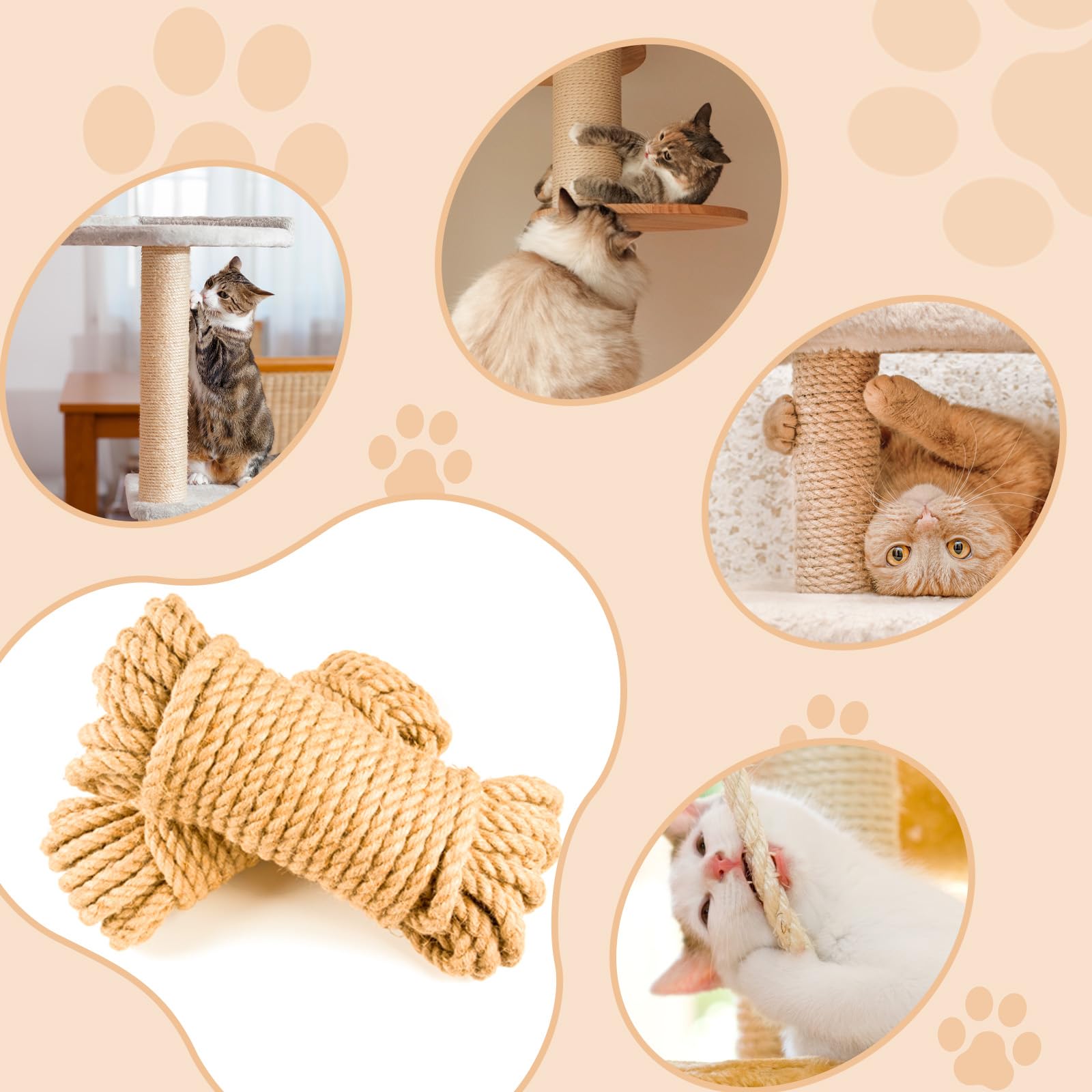 KDAOQN 1/4 Inch Natural Hemp Rope for Cat Scratcher Replacement - 50FT Jute Twine for Scratching Post, Tower Repair and Tree Replacement