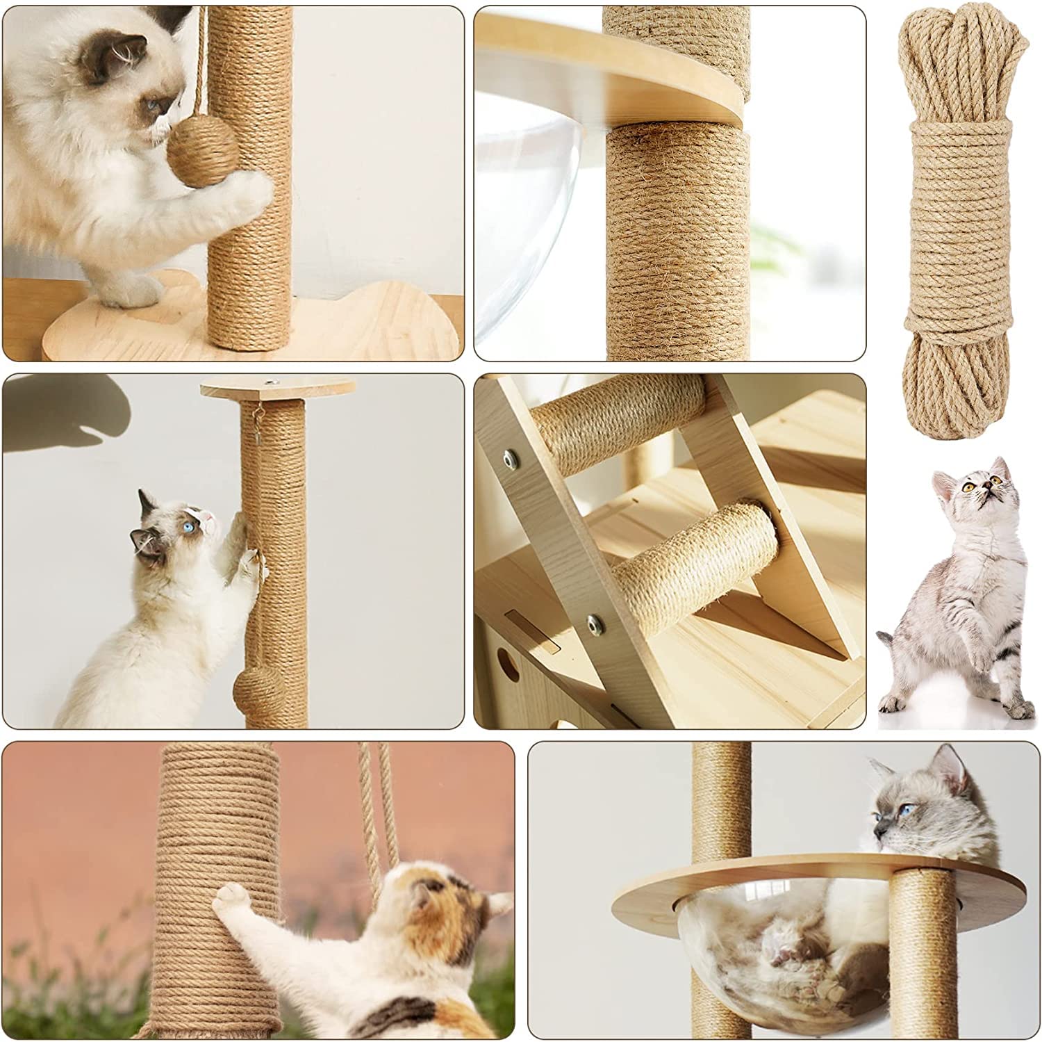 KDAOQN 1/4 Inch Natural Hemp Rope for Cat Scratcher Replacement - 50FT Jute Twine for Scratching Post, Tower Repair and Tree Replacement