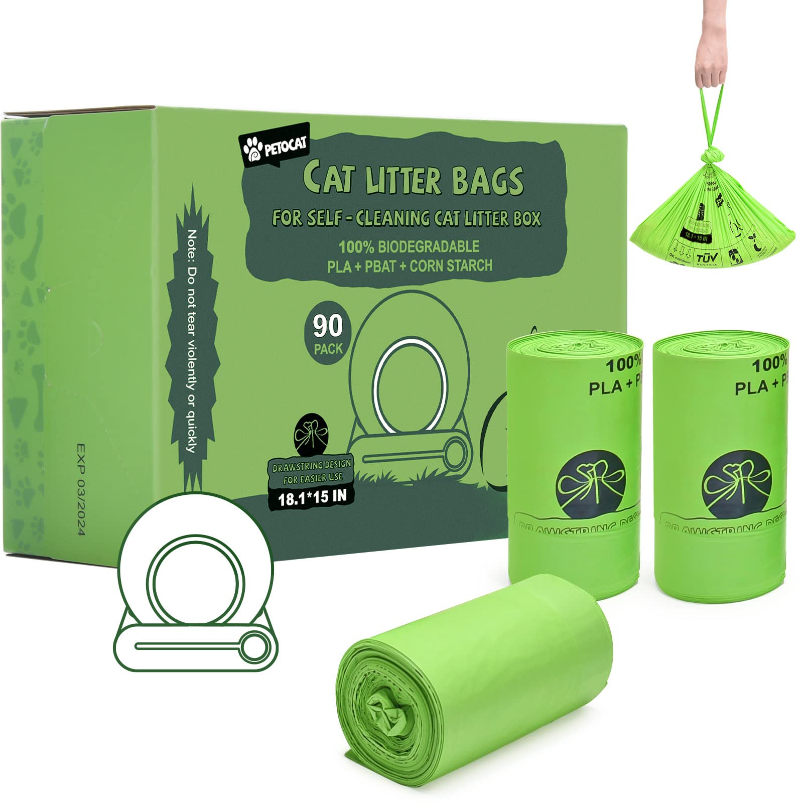 90 Count Biodegradable Cat Litter Bags Compatible with Meo* Self-Cleaning Litter Box, Pet Automatic Waste Drawer Liners, Drawstring Kitty Compostable Poop Replacement Bags (18.1" x 15")