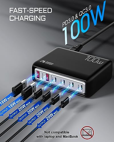 USB C Charging Station, 100W GaN 6 Port Charging Hub for Multiple Devices with PD3.0 and QC3.0 Fast Charging Stock, Power Strip for iPhone, iPad Air/Pro, Galaxy- Black