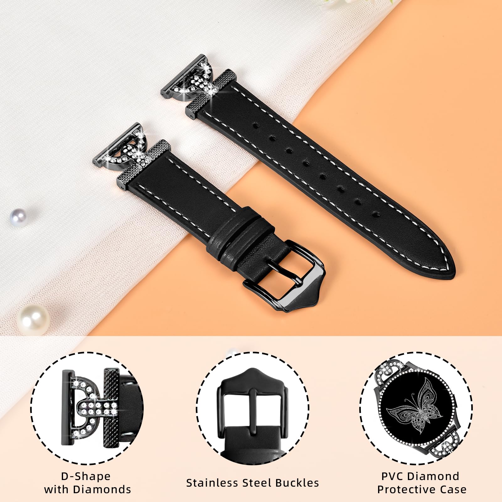 Shesyuki Luxury Genuine Watch Band with Case Compatible with Samsung Galaxy Watch 4&5 40mm 44mm,20mm Band with Glitter Screen Protector Case,Metal D-Shape Leather watch strap for Women