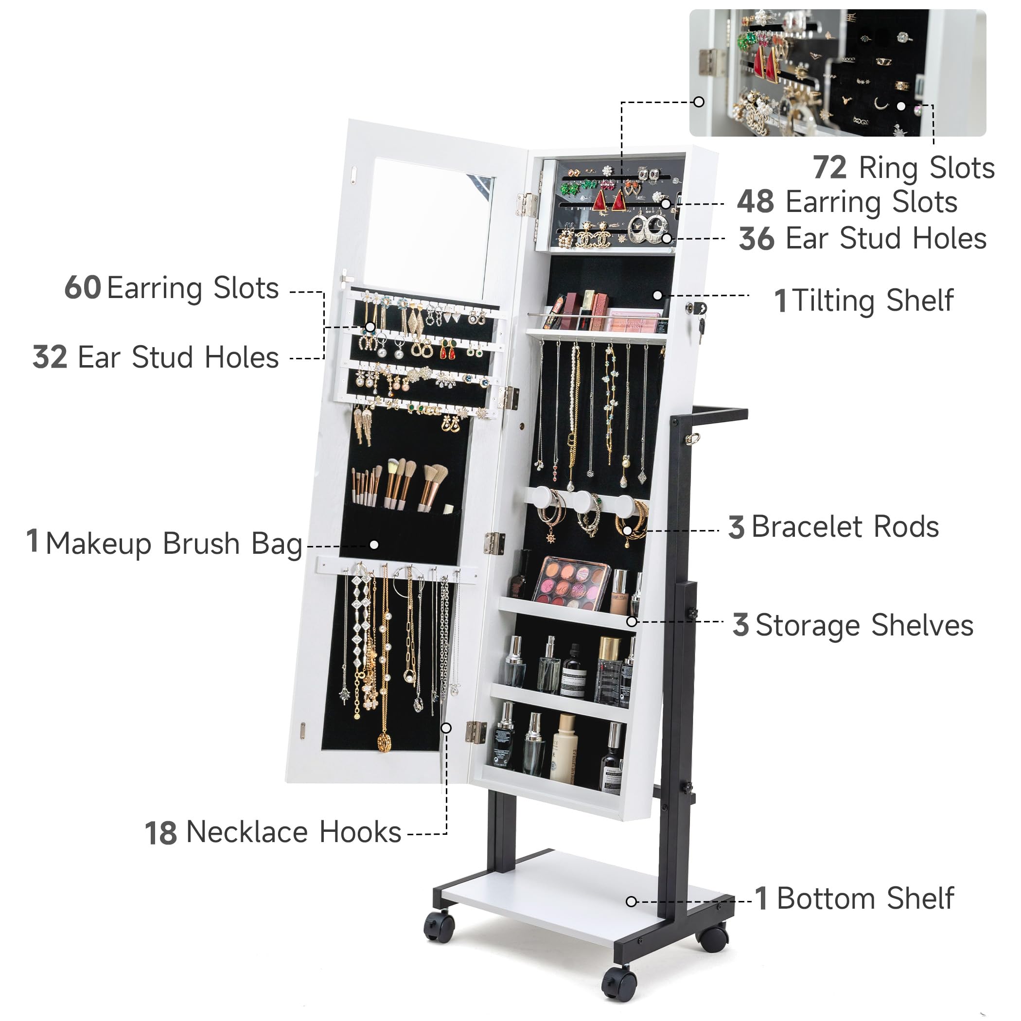 LAVIEVERT LED Mirror Jewelry Cabinet with 4 Wheels, 47.2" Full Length Mirror with 3 Color Lights, Lockable Jewelry Armoire with Built-in Mirror, Bottom Shelf, 3 Adjustable Angles & Height - White