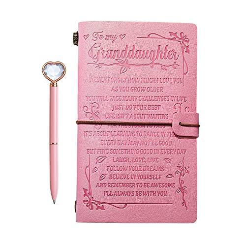 To My Granddaughterās Gift - Pink Leather Journal+Heart Diamond Pen Set ,Engraved Notebook Writing Journal,Refillable Notepads,Travel Diary Graduation Back to School,Christmas,Birthday Gifts for Girls(7.9"x4.7") (To Granddaughter Journal)