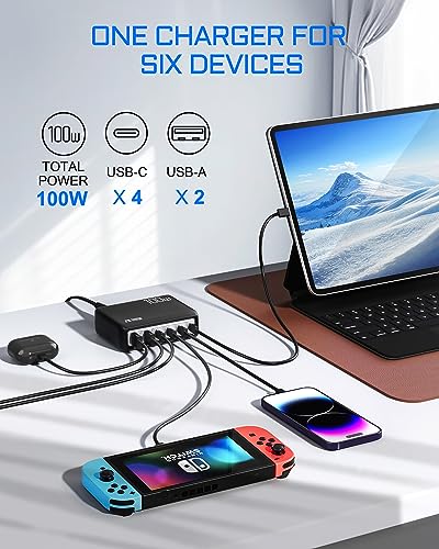USB C Charging Station, 100W GaN 6 Port Charging Hub for Multiple Devices with PD3.0 and QC3.0 Fast Charging Stock, Power Strip for iPhone, iPad Air/Pro, Galaxy- Black