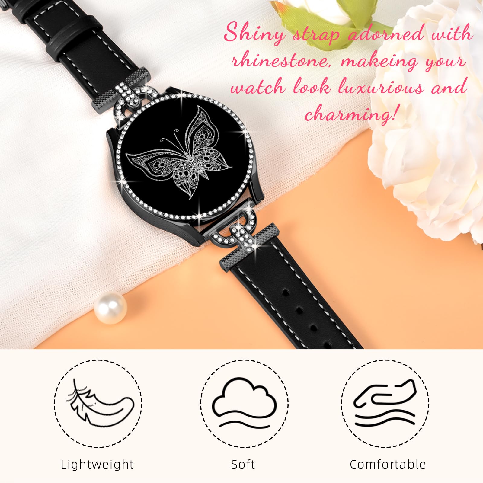 Shesyuki Luxury Genuine Watch Band with Case Compatible with Samsung Galaxy Watch 4&5 40mm 44mm,20mm Band with Glitter Screen Protector Case,Metal D-Shape Leather watch strap for Women