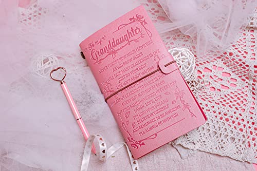 To My Granddaughter’s Gift - Pink Leather Journal+Heart Diamond Pen Set ,Engraved Notebook Writing Journal,Refillable Notepads,Travel Diary Graduation Back to School,Christmas,Birthday Gifts for Girls(7.9"x4.7") (To Granddaughter Journal)