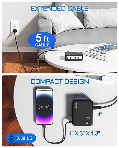 USB C Charging Station, 100W GaN 6 Port Charging Hub for Multiple Devices with PD3.0 and QC3.0 Fast Charging Stock, Power Strip for iPhone, iPad Air/Pro, Galaxy- Black