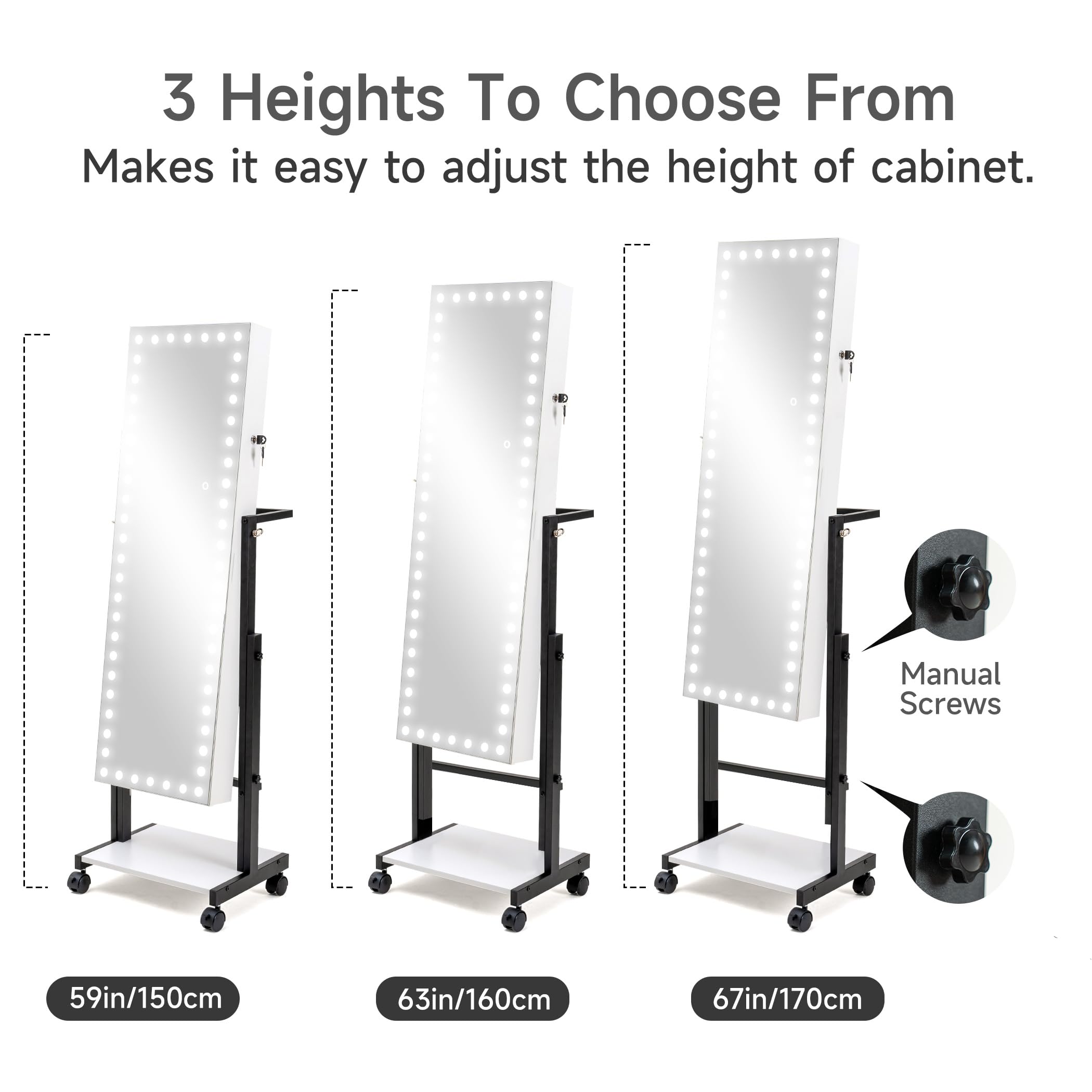 LAVIEVERT LED Mirror Jewelry Cabinet with 4 Wheels, 47.2" Full Length Mirror with 3 Color Lights, Lockable Jewelry Armoire with Built-in Mirror, Bottom Shelf, 3 Adjustable Angles & Height - White