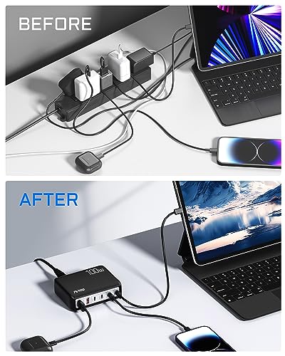 USB C Charging Station, 100W GaN 6 Port Charging Hub for Multiple Devices with PD3.0 and QC3.0 Fast Charging Stock, Power Strip for iPhone, iPad Air/Pro, Galaxy- Black