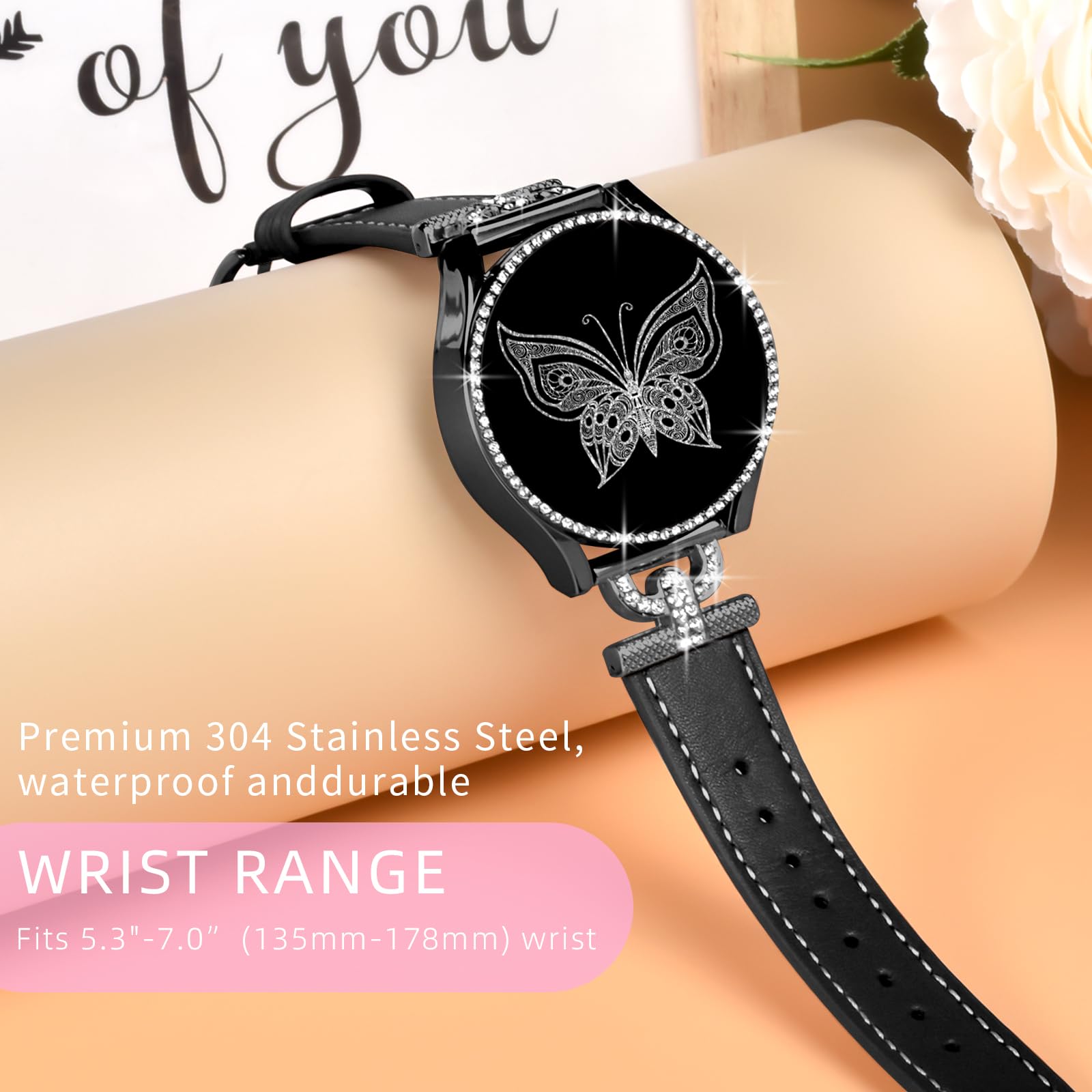 Shesyuki Luxury Genuine Watch Band with Case Compatible with Samsung Galaxy Watch 4&5 40mm 44mm,20mm Band with Glitter Screen Protector Case,Metal D-Shape Leather watch strap for Women