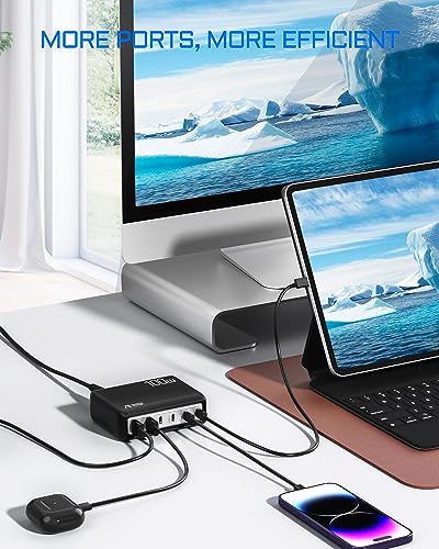 USB C Charging Station, 100W GaN 6 Port Charging Hub for Multiple Devices with PD3.0 and QC3.0 Fast Charging Stock, Power Strip for iPhone, iPad Air/Pro, Galaxy- Black