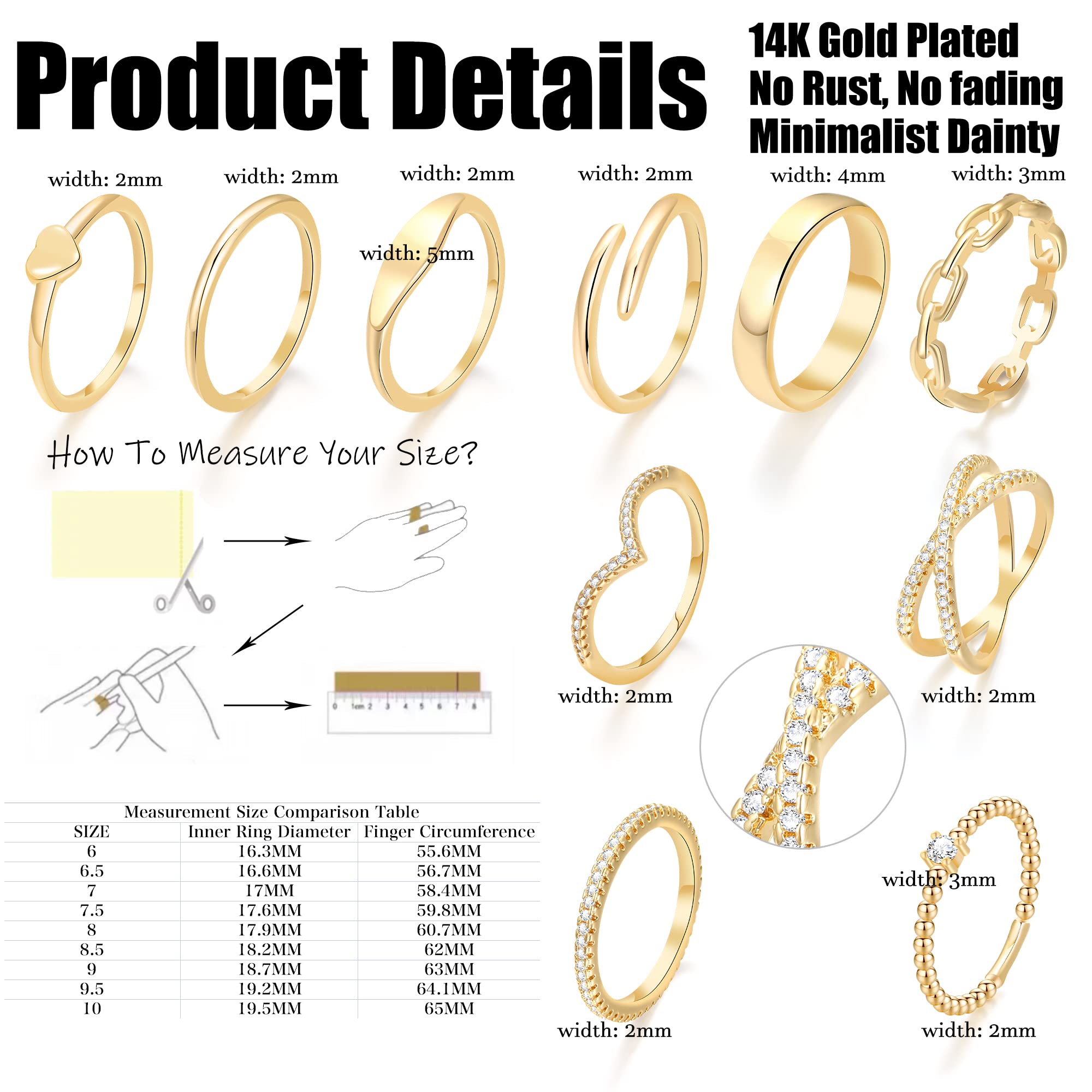 10 PCS Dainty 14K Gold Rings for Women, Open Twist Simulated Diamond Criss Cross Designs, Perfect for Stacking Layering on Thumb and Knuckle Engagement Rings in Sizes 8