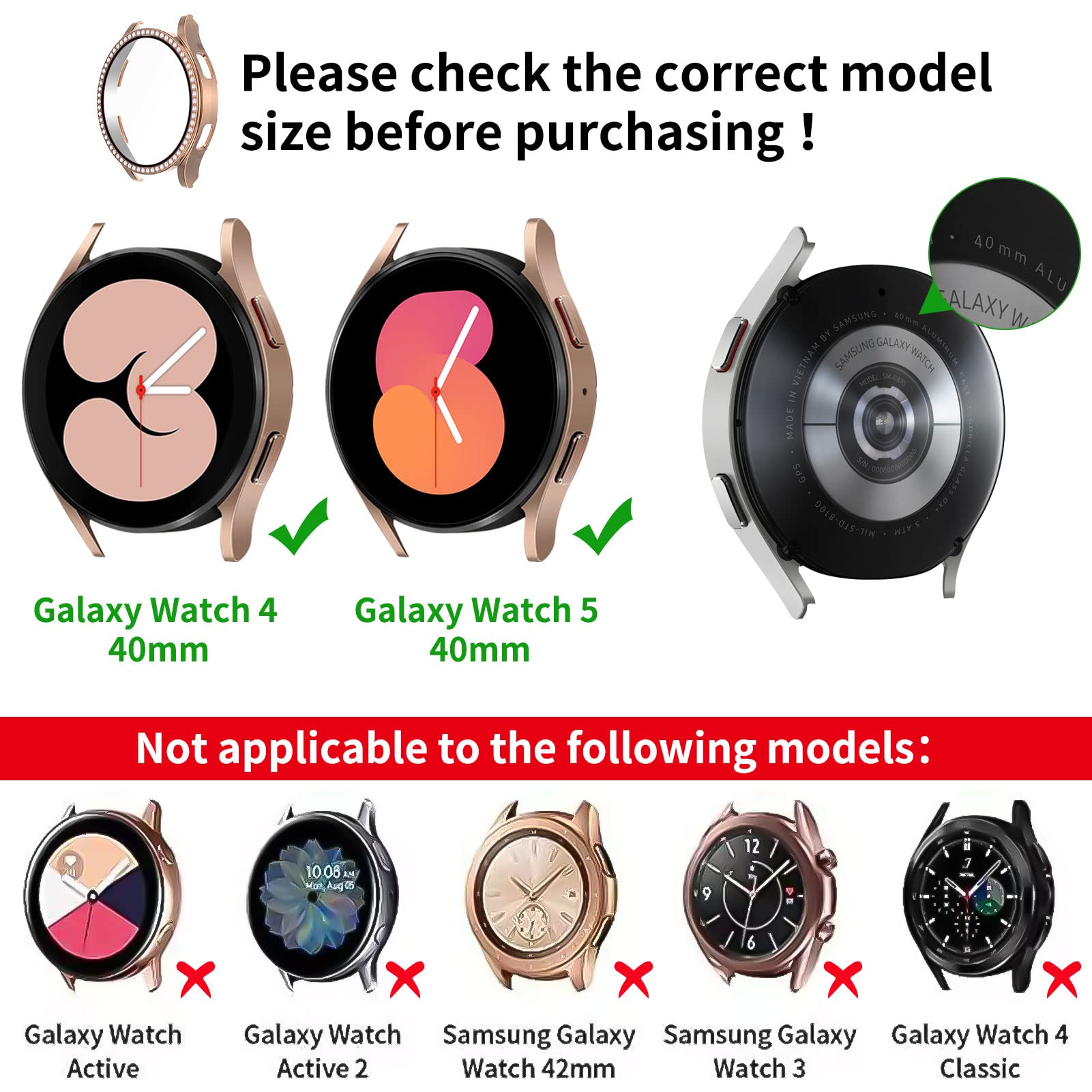 Shesyuki Luxury Genuine Watch Band with Case Compatible with Samsung Galaxy Watch 4&5 40mm 44mm,20mm Band with Glitter Screen Protector Case,Metal D-Shape Leather watch strap for Women