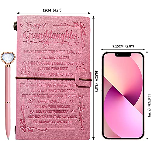 To My Granddaughter’s Gift - Pink Leather Journal+Heart Diamond Pen Set ,Engraved Notebook Writing Journal,Refillable Notepads,Travel Diary Graduation Back to School,Christmas,Birthday Gifts for Girls(7.9"x4.7") (To Granddaughter Journal)