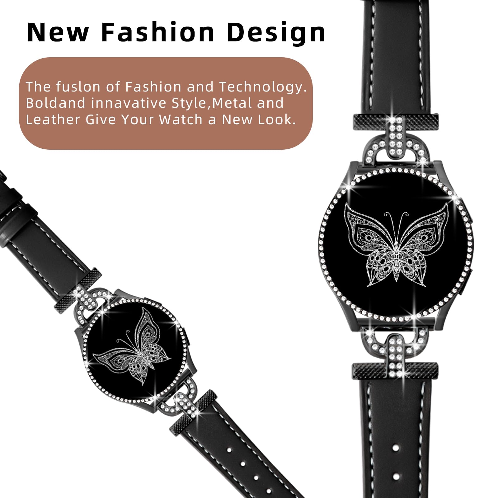 Shesyuki Luxury Genuine Watch Band with Case Compatible with Samsung Galaxy Watch 4&5 40mm 44mm,20mm Band with Glitter Screen Protector Case,Metal D-Shape Leather watch strap for Women