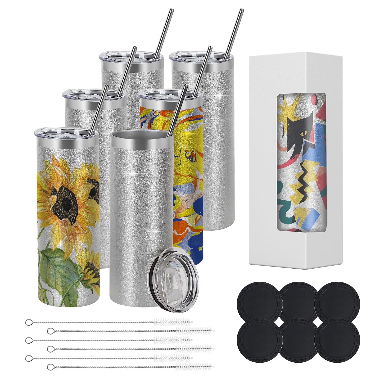 BetterSub 6 Pcs 20oz Sublimation Blanks Tumblers Glitter Silver Skinny Straight, Double Wall Insulated Stainless Steel Sublimation Cups with Lid, Metal Straw, Brush, Display Box