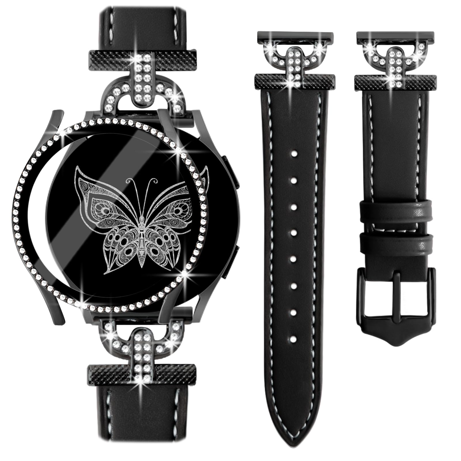 Shesyuki Luxury Genuine Watch Band with Case Compatible with Samsung Galaxy Watch 4&5 40mm 44mm,20mm Band with Glitter Screen Protector Case,Metal D-Shape Leather watch strap for Women