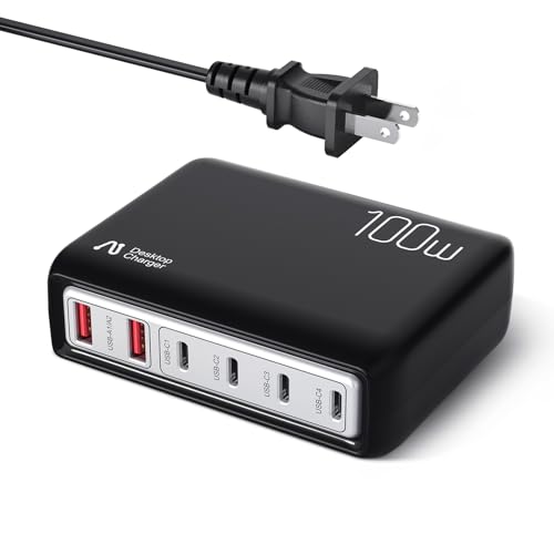 USB C Charging Station, 100W GaN 6 Port Charging Hub for Multiple Devices with PD3.0 and QC3.0 Fast Charging Stock, Power Strip for iPhone, iPad Air/Pro, Galaxy- Black