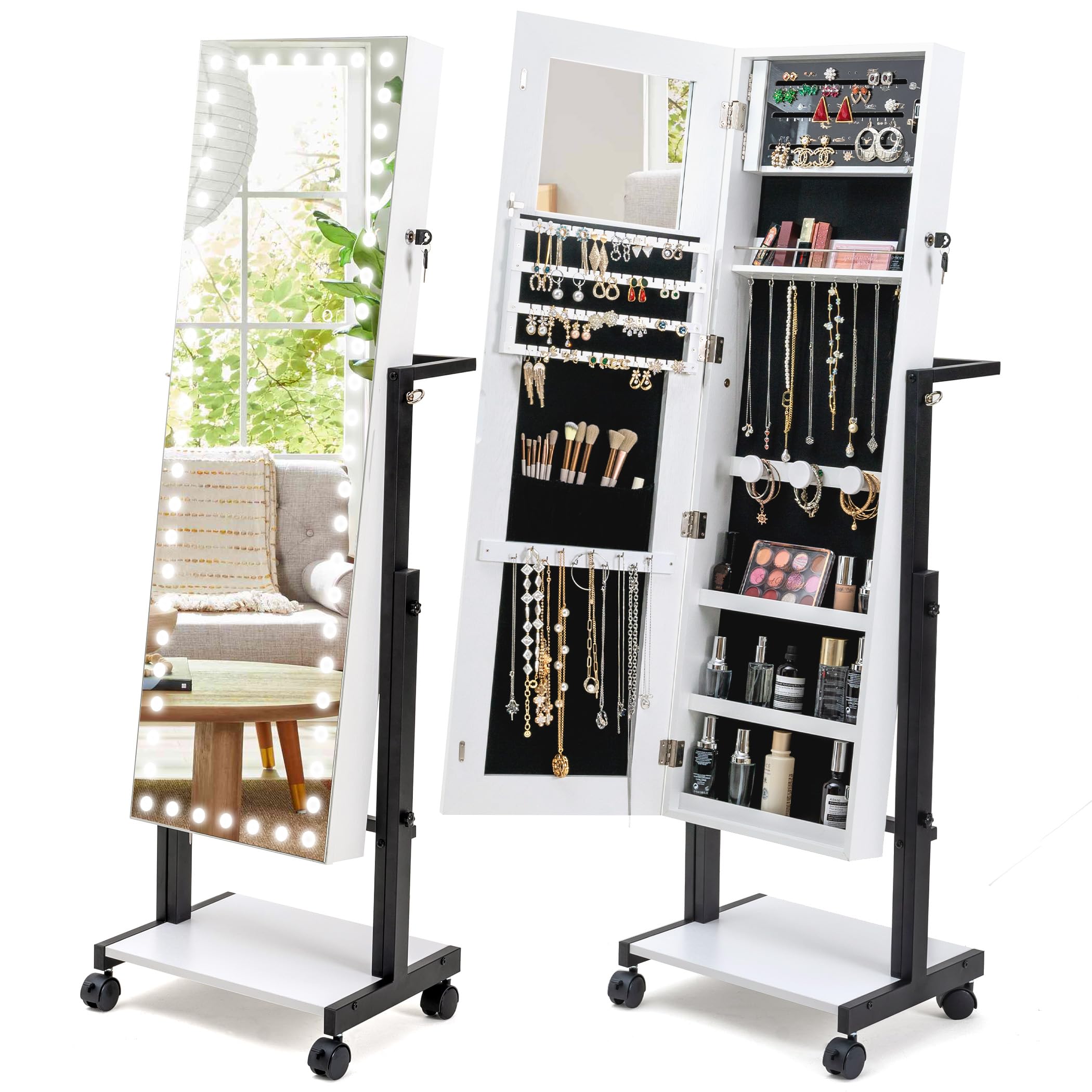 LAVIEVERT LED Mirror Jewelry Cabinet with 4 Wheels, 47.2" Full Length Mirror with 3 Color Lights, Lockable Jewelry Armoire with Built-in Mirror, Bottom Shelf, 3 Adjustable Angles & Height - White