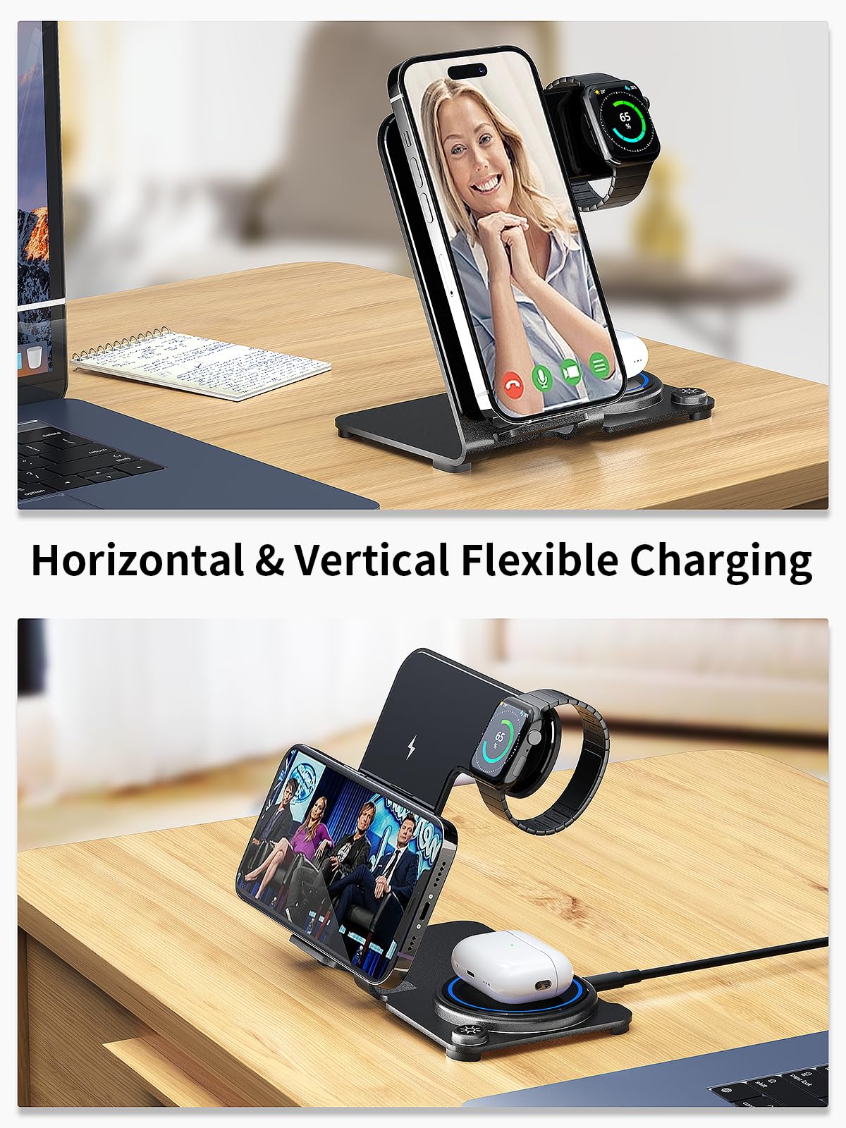 Wireless Charger 3 in 1,Aluminum Alloy Wireless Charging Stand 18W Fast Charging for iPhone 15/14/13/12/11/Pro/Max/XS/XR/X/8, iWatch9/8/7/6/5/4/3/2/SE, Airpods Pro/3/2
