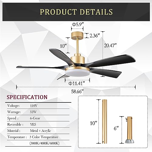 Ceiling Fan with Light 60 Inches Black and Gold, Modern Ceiling Fan with Remote Control, Flush Mount Large Ceiling Fan with LED Lights 5 Blades 6 Speed Reversible DC Motor for Bedroom Dining Room