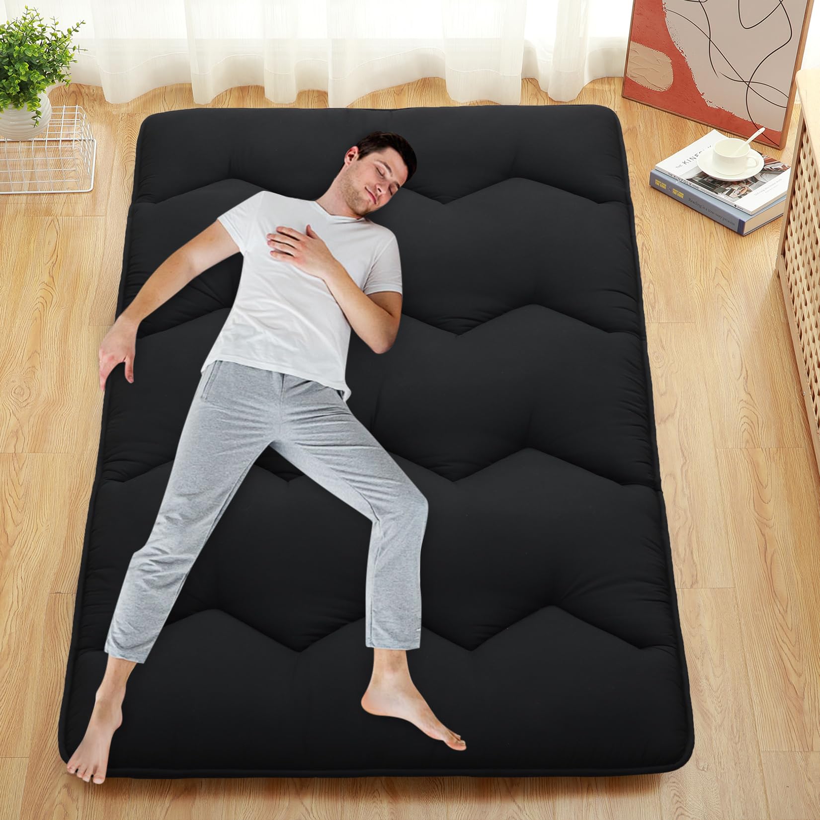 LULUWAY Japanese Futon Mattress, Full Size Foldable Japanese Style Floor Mattress Roll Up, Tatami Mat, Camping Mattress Pad, Black